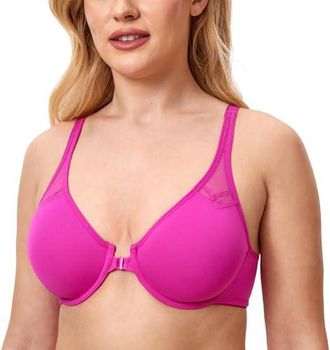 Delimira Femme Soutien Gorge Fermeture Devant Invisible Grande Taille avec Armature Decollete Plongeant Dos Nageur Hibiscus Violet 95F