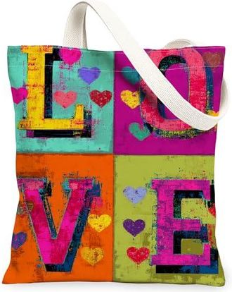 Generic Sac fourre-tout en toile avec coeurs color&eacute;s, motif amour artistique, sacs d&eacute;picerie r&eacute;utilisables, vintage, l&eacute;ger, lavable, bandouli&egrave;re C, multicolor