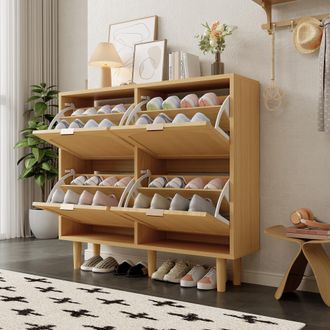 Merax Schuhschrank mit 4 Klappen schmal - Schuhkommode Rattan mit Metallgriffen, Landhausstil Schuhkipper f&uuml;r Flur & Schlafzimmer, platzsparendes Schuhregal