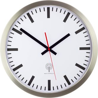 Eurotime Funkwanduhr,schrittsekunde, 40 cm, Edelstahlgehäuse Silber, Echtglas, Bahnhofszifferblatt, automatische Zeitein- und Zeitumstellung, Wanduhr für Wohnb