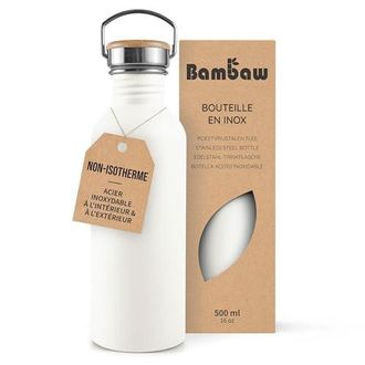 Bambaw Gourde Inox 500ml, Bouteille dEau Blanche, Gourde Sport Non-Isotherme et R&eacute;utilisable, Bouteille Enfant Inox - Blanc Polaire