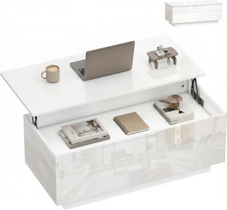 HOMCOM Couchtisch H&ouml;henverstellbar, Wohnzimmertisch mit Hebeplatte, 2 Schublade und verstecktem Stauraum, Kaffeetisch Sofatisch f&uuml;r Wohnzimmer, Hochglanz Wei