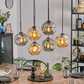 HOFSTEIN H&auml;ngeleuchte Ripoll, 6-flammige H&auml;ngelampe aus Metall/Glas in Schwarz/Bernstein/Rauch, moderne Pendelleuchte im Retro/Vintage-Design (Schirme 20 cm), 