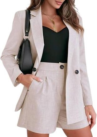Generic Tenue d&eacute;contract&eacute;e 2 pi&egrave;ces pour femme - Blazer et short &agrave; manches longues ouvert sur le devant - Tenue daffaires pour le travail, beige, XXL
