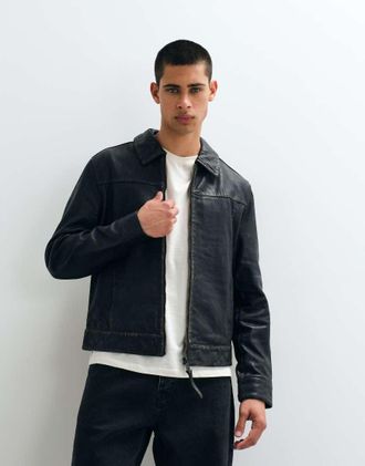 AllSaints Oakland Lederjacke mit Rei&szlig;verschluss in Schwarz/Braun
