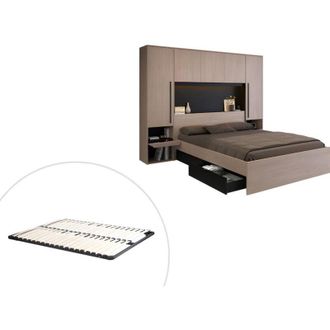 Vente-Unique Vente-Unique - Lit pont 160 x 200 cm avec 2 tiroirs et rangements - Structure en panneau de particule - Avec LEDs multicolores - Sommier cadre &agrave;