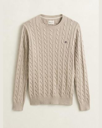 GANT Rundhalspullover aus Baumwolle mit Zopfmuster und kleiner Logo-Stickerei in