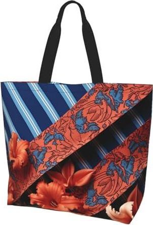 Generic Rayures Bleues Et Fleurs Rouges Sac Fourre-Tout L&eacute;ger Sacs De Courses Grand Sac A Main Femmes Pour Gym Universit&eacute; Voyage