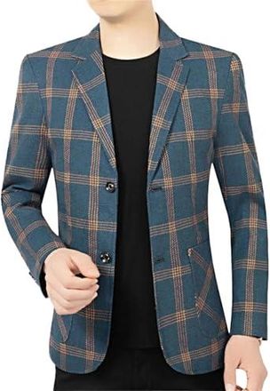 Generic Blazer &agrave; carreaux pour homme coupe ajust&eacute;e pour mariage 2 boutons manteau de sport &agrave; carreaux, cyan, 3XL