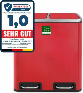 Casa Pura Poubelle de cuisine F&eacute;lix, Rouge, 2 compartiments de 15 Litres (30 Litres)