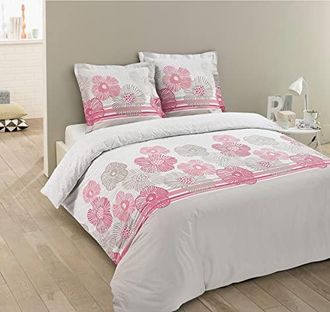 Vision Streetwear Parure de lit Flo - 100% Coton - Beige/Rose - Set de Housse de Couette 240x220 cm avec 2 taies doreiller pour lit Standard 2 Personnes - Fibres Nature