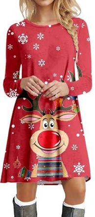 Generic Robe De Noël Femme Manches Longues, Robe Mere Noël Femme Col Rond Mini Imprime Decontracte Costume De Pere Noel Coupe Tendance Cocktail Dress Loisirs 