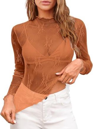 Generic T-shirts transparents brod&eacute;s &agrave; fleurs pour femmes - Haut d&eacute;t&eacute; mignon en maille florale 2025 - Superposition de maille fine en dentelle - Col montant -