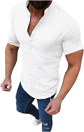 Generic Chemise habill&eacute;e pour gar&ccedil;on en lin pour homme - Chemises d&eacute;contract&eacute;es &agrave; manches courtes en coton blanc - Chemise en coton - Coupe ajust&eacute;e - T-shirt 