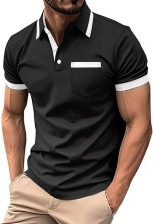 Generic Polo classique &agrave; boutons pour homme, coupe classique, v&ecirc;tement de travail d&eacute;contract&eacute;, chemise vintage, l&eacute;ger et respirant, tunique de vacances, Noir,