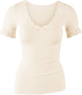 CALIDA Richesse Lace T-Shirt Dames, en Laine Vierge et Soie avec Dentelle à lencolure, côte Fine en Tricot Rond sans Coutures latérales gênantes, thermorégul
