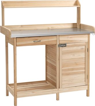 OUTSUNNY Pflanztisch mit verzinkter Arbeitsplatte Gärtnertisch mit Schublade Schrank Garten Arbeitstisch Massivholz Natur 112 x 48 x 125 cm