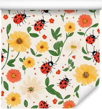 OEM Carta Da Parati Con Coccinelle, Bianca E Crema, Per Soggiorno E Camera Da Letto, 50x1000 Cm