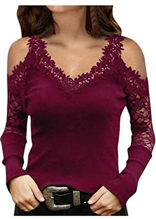 ORANDESIGNE Chemisier Sexy Femme Tunique Haut Manches Longues Évidé Top Automne Blouse Dentelle Chemisier Col V T-Shirt Chic L Vin Rouge XXL
