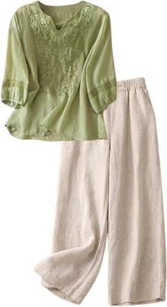 Generic Survêtement 2 pièces en coton et lin pour femme - Tenue ample et confortable en jacquard - Col rond - Pantalon boutonné - Élégant - Brodé, Vert, 3XL