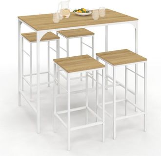 IDMarket Set Bar-Hochtisch DETROIT 100 cm und 4 Hocker aus Holz und Metall wei&szlig; Industriedesign