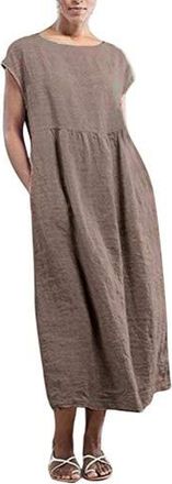 Onsoyours Femme Robe Longue Été Boheme Lin Manches Courtes Chic Ample Décontractée Couleur Unie Maxi Robe avec Poche Latérales A Kaki 3XL
