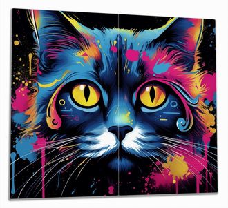 Wallario Herdabdeckplatte/Spritzschutz aus Glas, 2-teilig, 60x52cm mit 13mm hohen Füßen, für Ceran- und Induktionsherde, Katze im Farbrausch