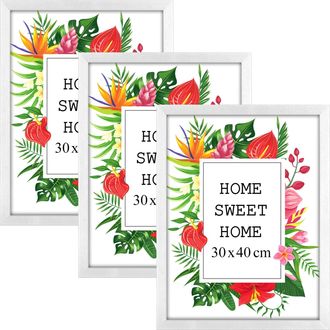 MG Design Set aus 3 Weiß Bilderrahmen 30 x 40 cm - Aus echtem Holz mit Acrylglas, zum Aufhängen & Aufstellen, für Fotos, Poster & Puzzle