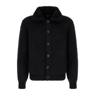 Tom Ford Homme, Pulls, Noir, Taille: L Gilet en cachemire &agrave; col en peau lain&eacute;e