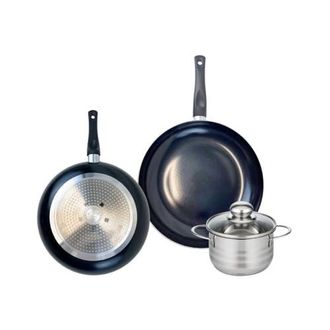 Fackelmann ELO 9737450 Batterie de cuisine 3 pièces, Ensemble de 2 Poêles de cuisson 28 et 32 cm et 1 faitout 16 cm Elo Prima Brillant, inox, induction