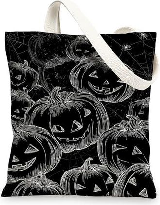 Generic Sacs fourre-tout en toile motif citrouille dHalloween, sacs dépicerie réutilisables, vintage, légers et lavables, noir, 13x15 Inch