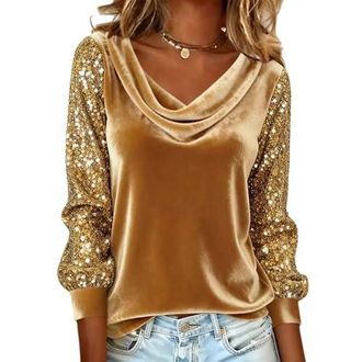 Generic Hauts en velours scintillant pour femmes, chemises &eacute;l&eacute;gantes &agrave; col b&eacute;nitier et manches longues, doux et confortable, d&eacute;contract&eacute;, v&ecirc;tements de luxe, d