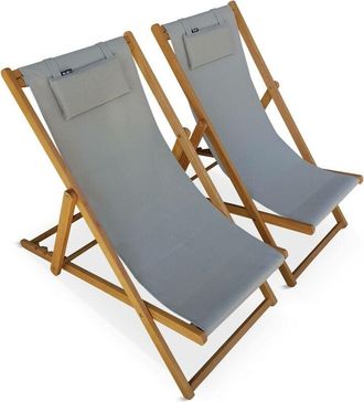 Sweeek Chiliennes bois - Creus - 2 transats en bois dEucalyptus huil&eacute; avec coussin repose-t&ecirc;te gris taupe