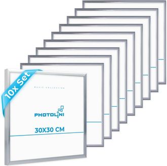 Photolini Bilderrahmen 30x30 cm Silber, 10er Set Kunststoff-Rahmen schmal, bruchsicheres Acrylglas, zum Aufhängen, extra Zubehör - Dokumentenrahmen für Urkunden