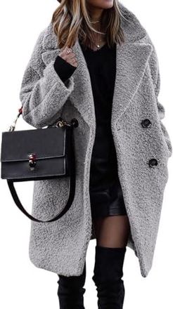 ORANDESIGNE Manteau dhiver Femme Duveteux Polaire Revers Manches Longues Bouton Chaud Fausse Fourrure Vêtements Dextérieur Veste Sherpa Cardigan A Gris Clair XXL