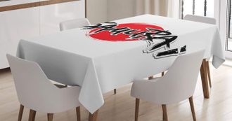 Abakuhaus japanisch Tischdecke, Samurai Schriftzug Sonne, Für den Inn und Outdoor Bereich geeignet Waschbar Druck Klar Kein Verblassen, 140 x 170 cm, rot schwar