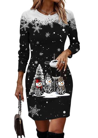 Onsoyours Weihnachtskleid Damen Weihnachtsdruck Pulloverkleid Langarm Rundhals Weihnachten Minikleid Schneeflocken Muster Partykleid Elegant Wickelkleid Slim Fi
