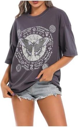 Generic T-shirts surdimensionnés 2026 pour femmes, t-shirt graphique soleil et lune, décontracté, col rond, manches courtes, hauts gris, gris foncé, XXL