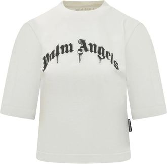 Palm Angels Femme, Tops, Blanc, Taille: 40 FR Curved Logo T-shirt