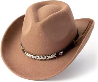 Generic Chapeau de cowboy occidental avec style ethnique en laine &agrave; bord moyen pour ext&eacute;rieur et d&eacute;contract&eacute;, marron, Taille unique