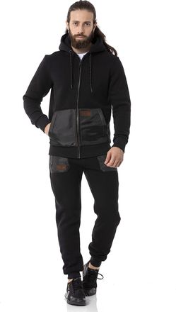 Cipo & Baxx Herren Jogginganzug CLR150 Schwarz - Zweiteiliges Set aus Kapuzenjacke und Jogginghose mit sportlichem Design und hohem f&uuml;r Alltag und Freizeit - CLR1