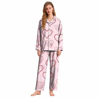 Generic Ensemble de pyjama 2 pi&egrave;ces en satin pour femme avec imprim&eacute; amour mignon, haut &agrave; revers et pantalon &agrave; boutons pour femme, v&ecirc;tements de d&eacute;tente d&eacute;cont