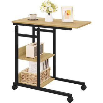 Woltu Woltu - Table dAppoint avec roulettes, Table Basse, Bout de Canapé, Plateau à Hauteur Réglable, en Bois dIngénierie et Métal, Chêne Clair+Noir