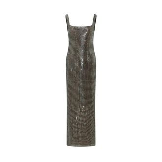 Self Portrait Robe Longue &agrave; Neckline Carr&eacute; et Strass - Femme - Robes - Gris - Taille: 34 FR
