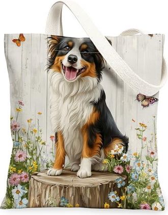 Generic Sac fourre-tout en toile motif chien berger australien printanier 33 x 38,1 cm, sac d&eacute;picerie r&eacute;utilisable pour femme, animal de compagnie, peinture, 