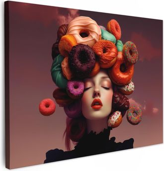 MuchoWow © Leinwand 80x60 cm Deko Schlafzimmer Aesthetic Leinwandbilder Wohnzimmer Gemälde Foto Geschenk Living Room Decoration Frau - Donuts - Bunt