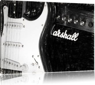 Pixxprint E-Gitarre vor Marshall Verstärker, Größe: 100x70cm, Leinwandbild, fertig gespannt, Wandbild, Dekoration, Kunstdruck, kein Poster