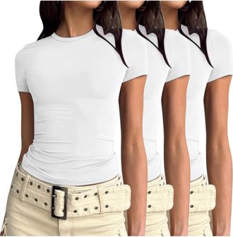 Generic 3er Pack Damen Basic T-Shirts Kurzarm Crop Top Casual Y2K Rundhalsausschnitt Tops Slim Fit Tshirts