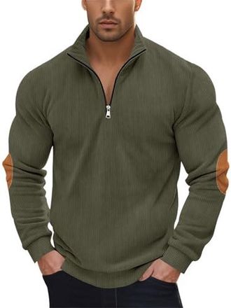 Generic Pull à col rond pour homme - Automne classique en velours côtelé - Manches longues - Demi-fermeture éclair - Col montant - Haut en velours côtelé - Ma