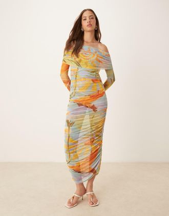 Never Fully Dressed Gerafftes Midaxi-Kleid aus Netzstoff mit Mustermix-Gr&uuml;n